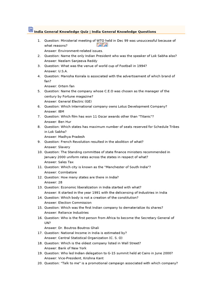 India General Knowledge Quiz Questions | PDF