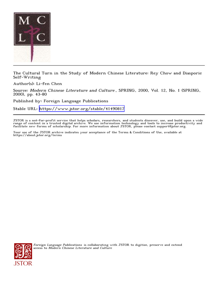Chen L-CulturalTurnStudy and Rey Chow-2000 | PDF | Postcolonialism ...