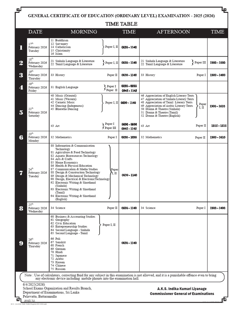 2026 O-Level Exam Timetable | PDF