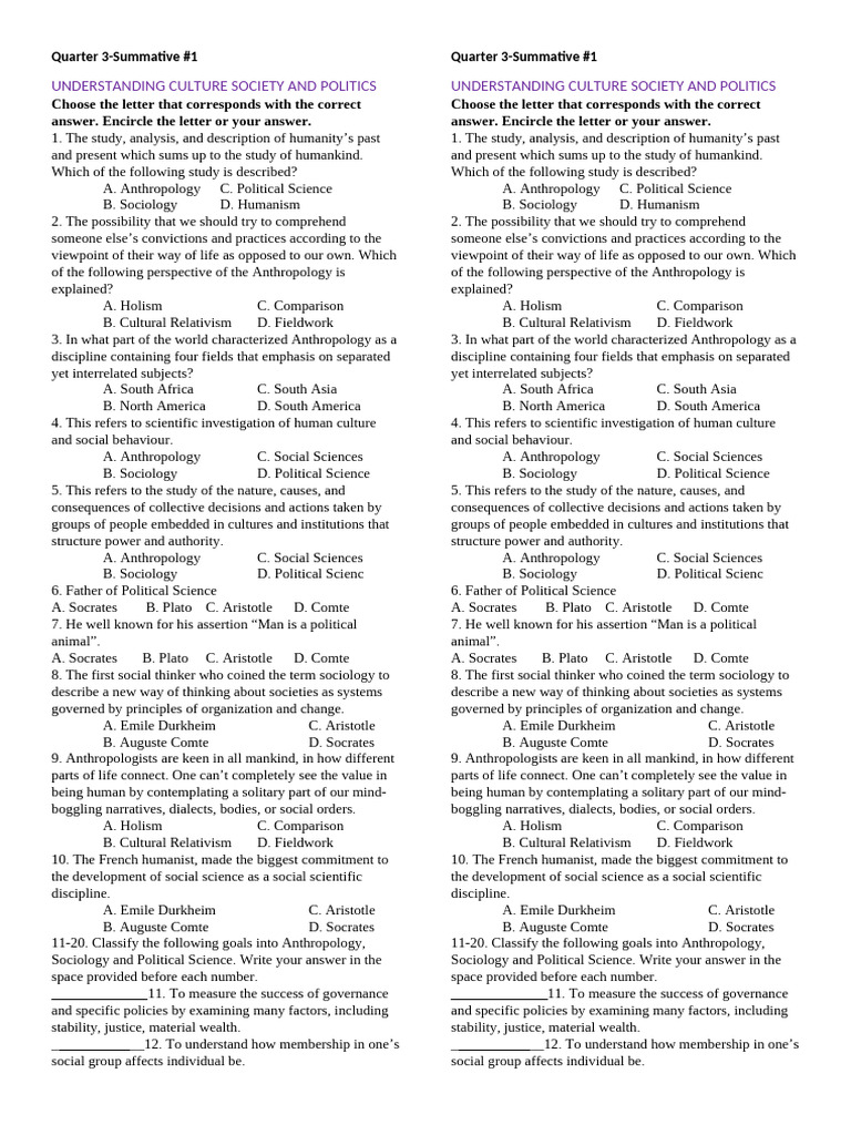 Q3 Exam: Culture, Society, Politics | PDF | Social Sciences | Anthropology
