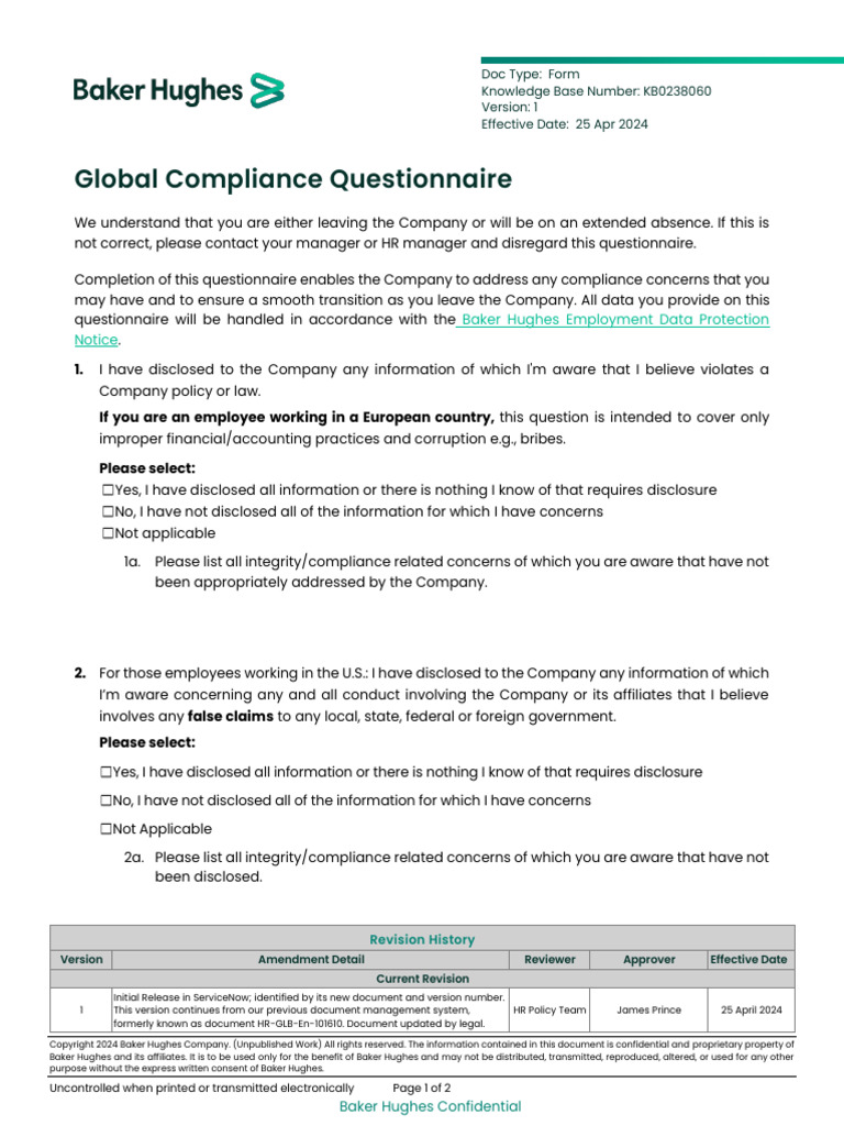 Baker Hughes Global Compliance Questionnaire | PDF | Information ...
