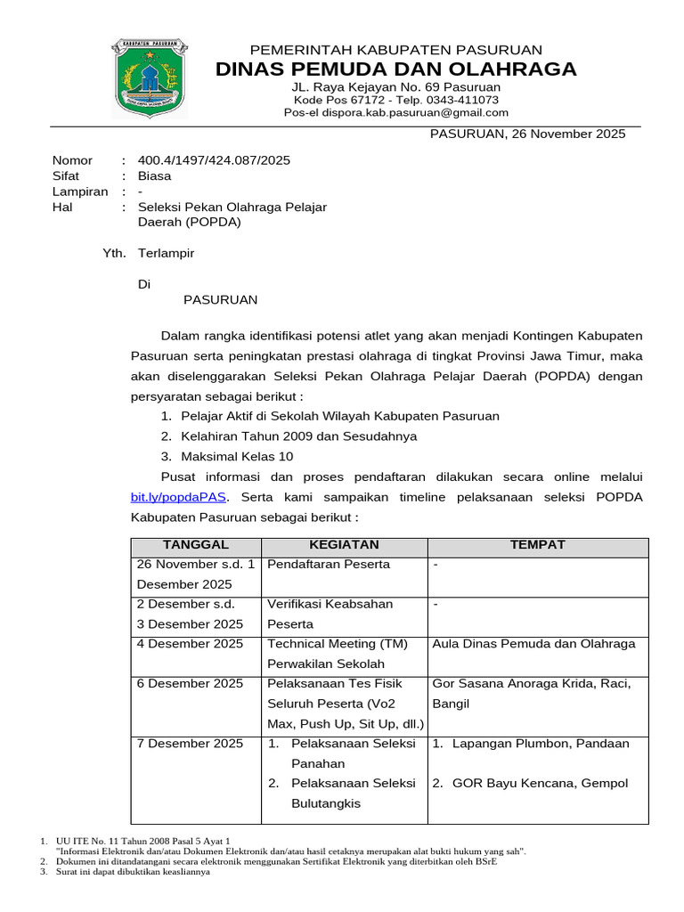 Seleksi POPDA 2025 Kabupaten Pasuruan | PDF