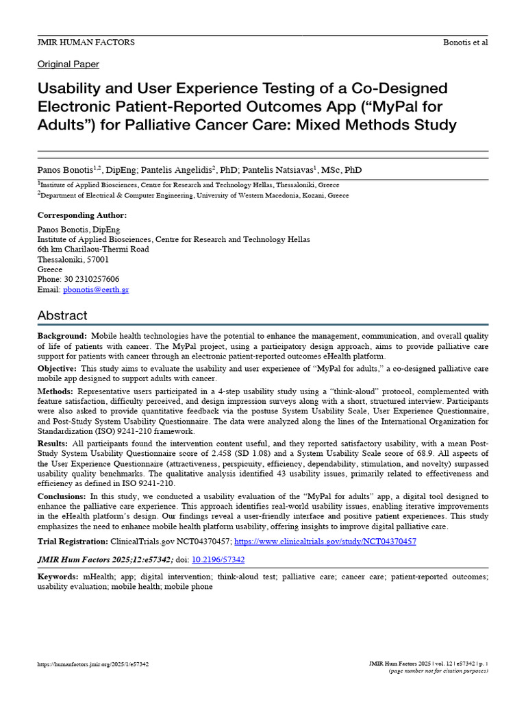 Usability Study of MyPal Cancer App | PDF | Usability | User Experience
