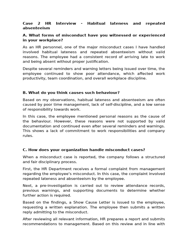 Case 2 HR Interview - Habitual Lateness and Repeated Absenteeism | PDF ...