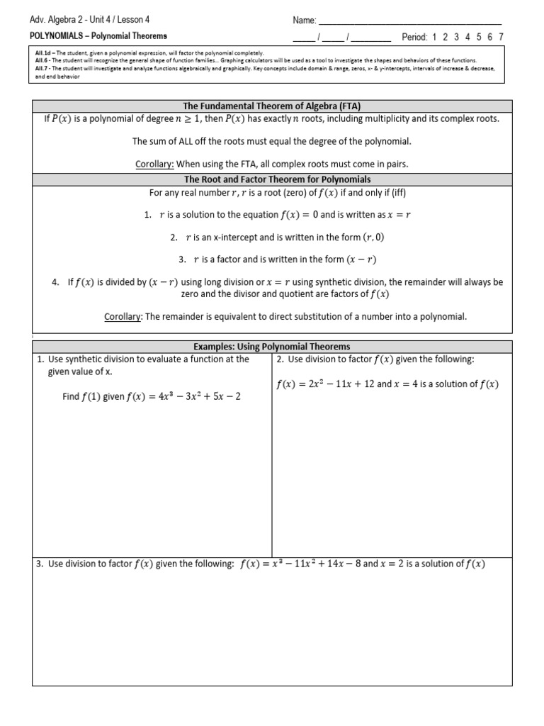 4.4 Notes and Practice - Polynomial Theorems | PDF | Polynomial | Zero ...