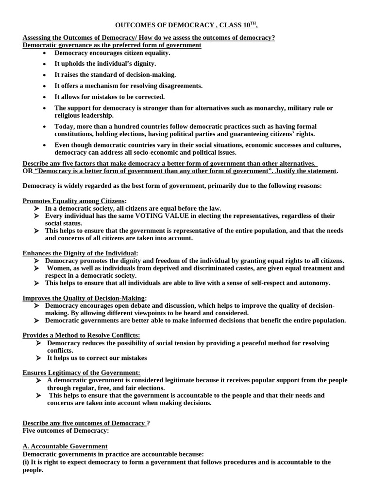 Assessing Democracy's Outcomes in Class 10 | PDF | Democracy ...