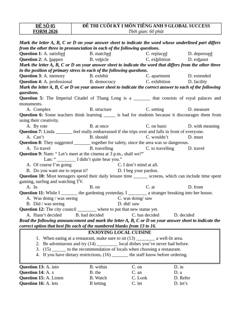 Lớp 9 Hk1 Form 2026 Test 5 | PDF | Toronto | Hanoi