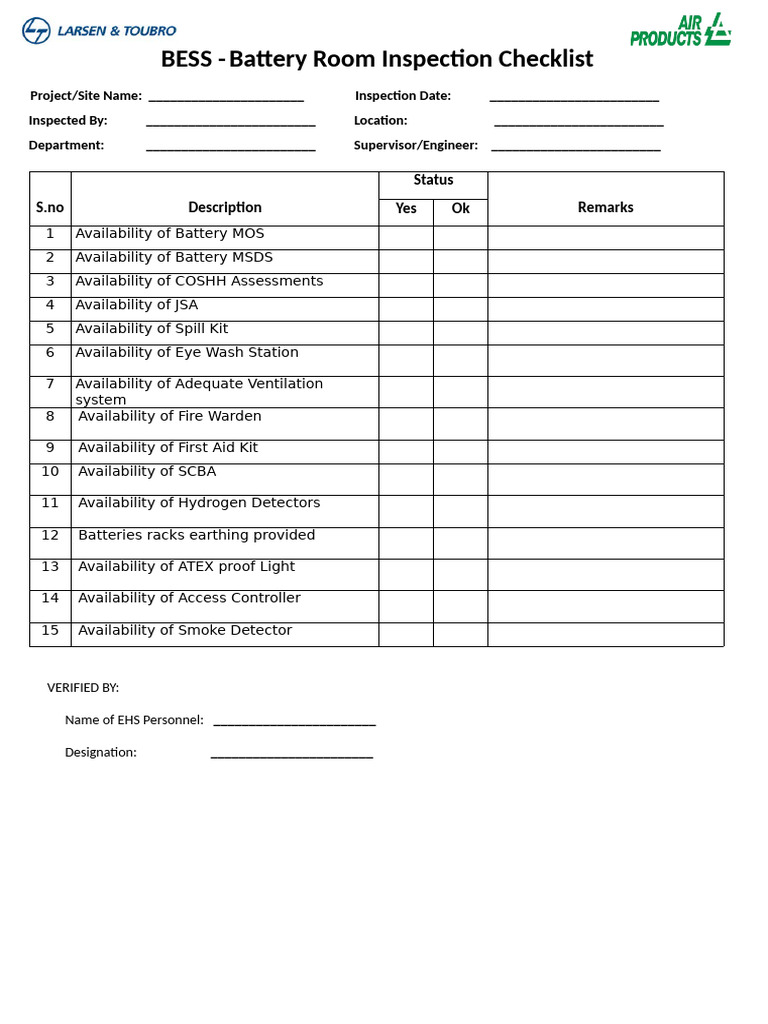Battery Room Inspection Checklist | PDF