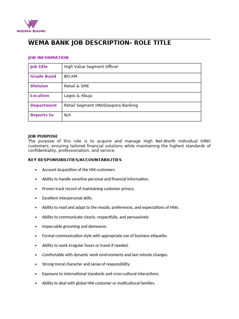 Wema Bank JD - HNI Officer | PDF