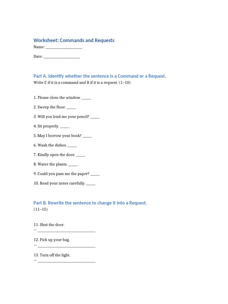 Commands vs. Requests Worksheet | PDF