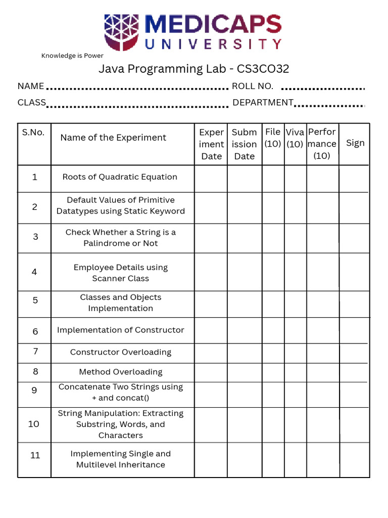 Java Programming Lab Experiments List | PDF