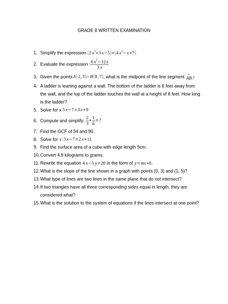 Grade 8 Math Exam Questions | PDF