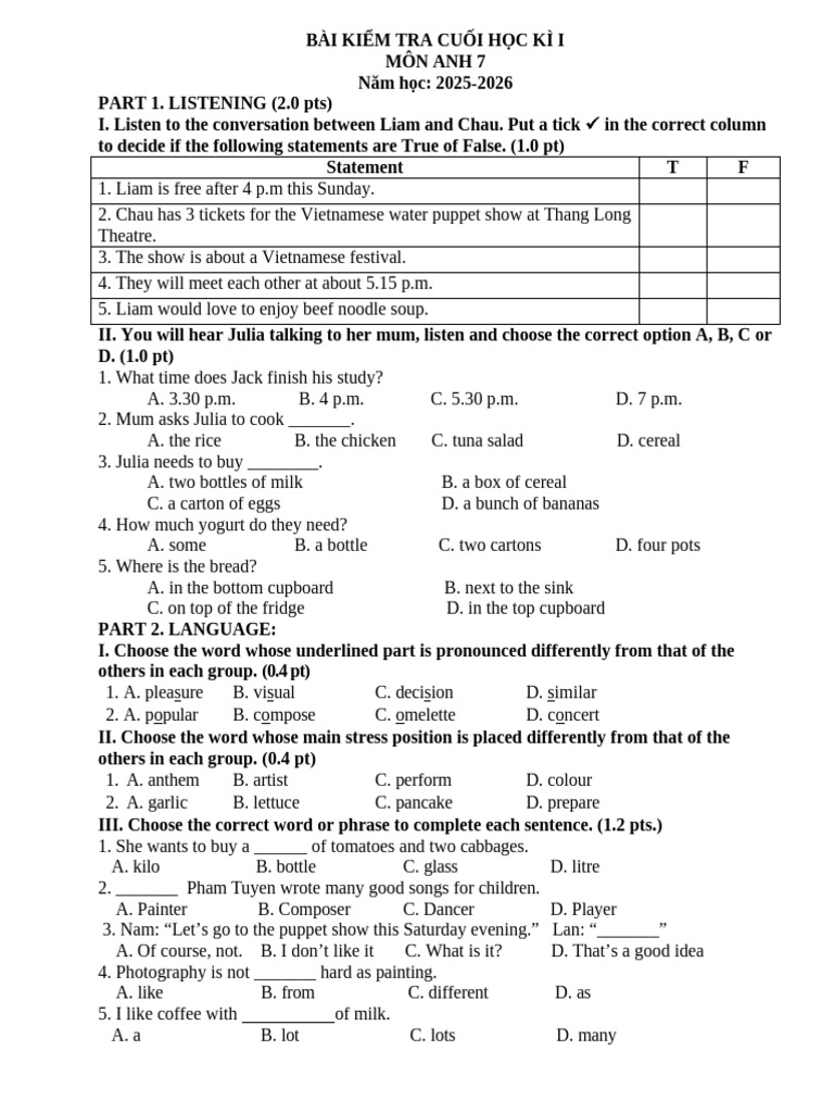 Bài Kiểm Tra Cuối Hk1 - Anh 7 | PDF | Foods