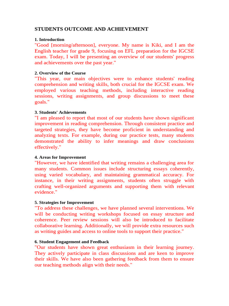 Students Outcome and Achievement | PDF | Reading Comprehension | Learning