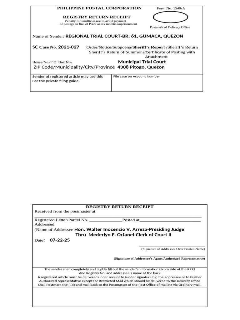 Philippine Registry Return Receipt Form | PDF