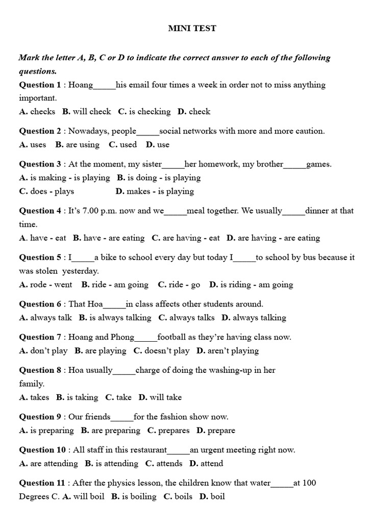 English Mini Test: Verb Tenses Quiz | PDF