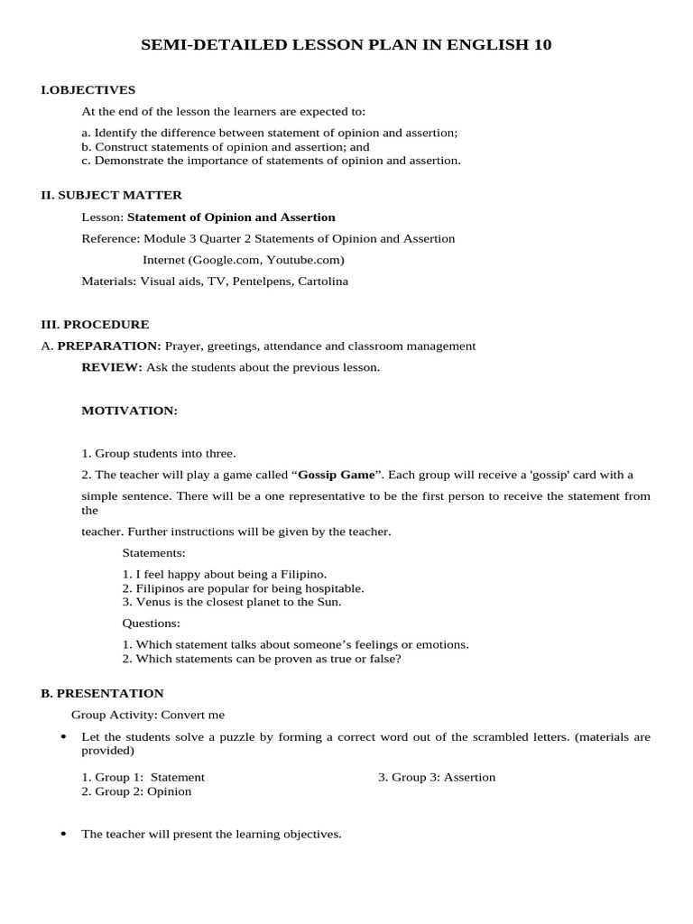 Lesson Plan: Opinion vs. Assertion | PDF | Teachers | Lesson Plan