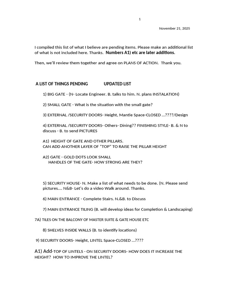 Pending Construction Items List | PDF | Bathroom | Kitchen