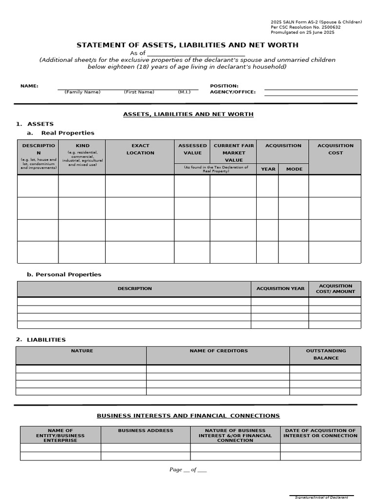 2025 SALN Form AS-2 for Families | PDF | Money | Financial Services