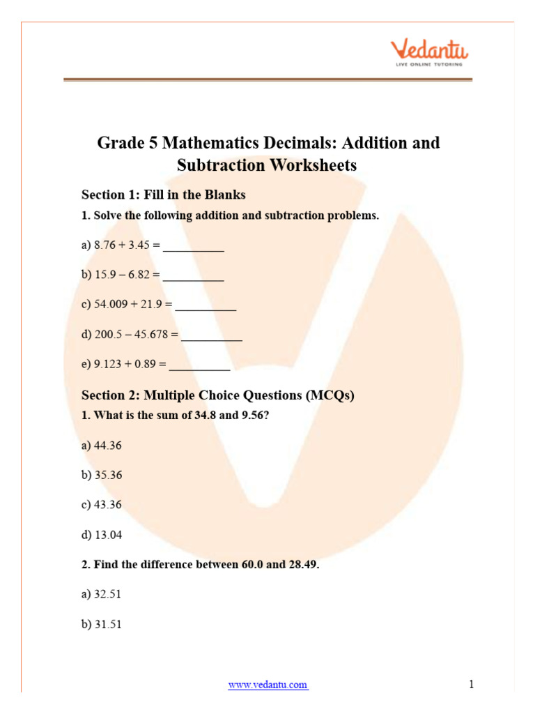 Grade 5 Decimals Addition & Subtraction Worksheets | PDF | Subtraction ...