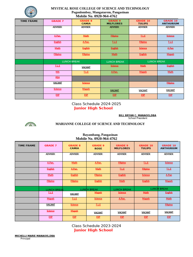 Junior High School Class Schedule 2023-2025 | PDF | Teaching | Adolescence