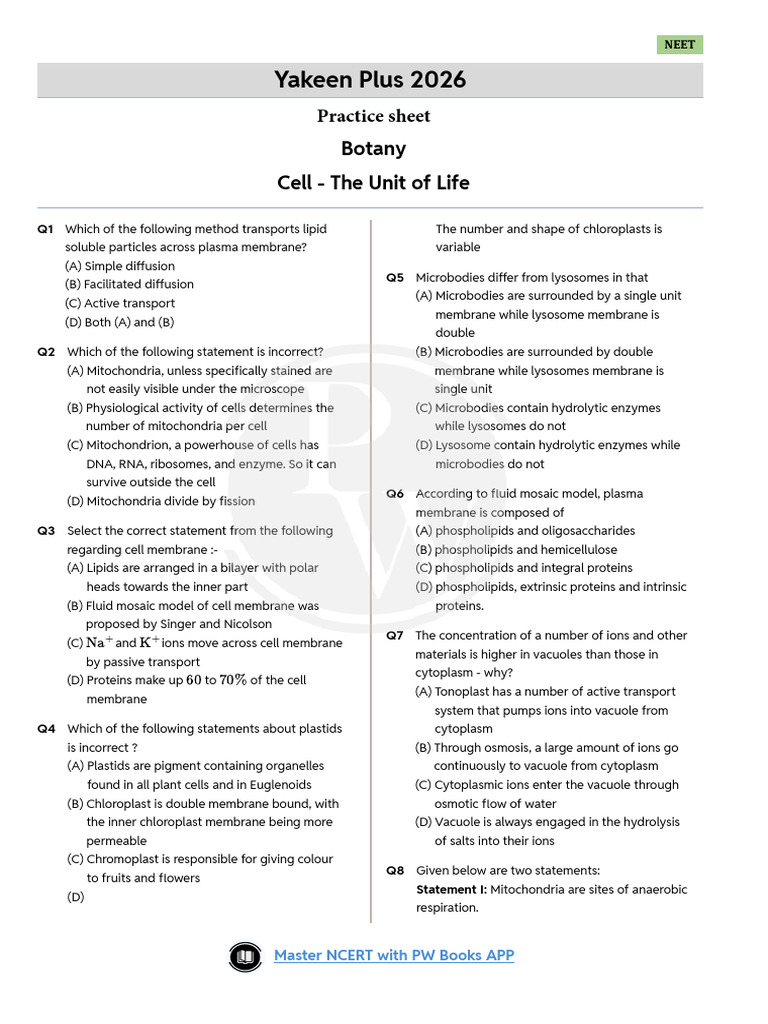 Cell - The Unit of Life Practice Sheet | PDF | Cell Membrane ...