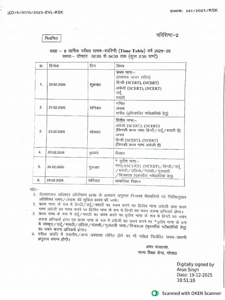 Class 8th Board Exam Timetable | PDF