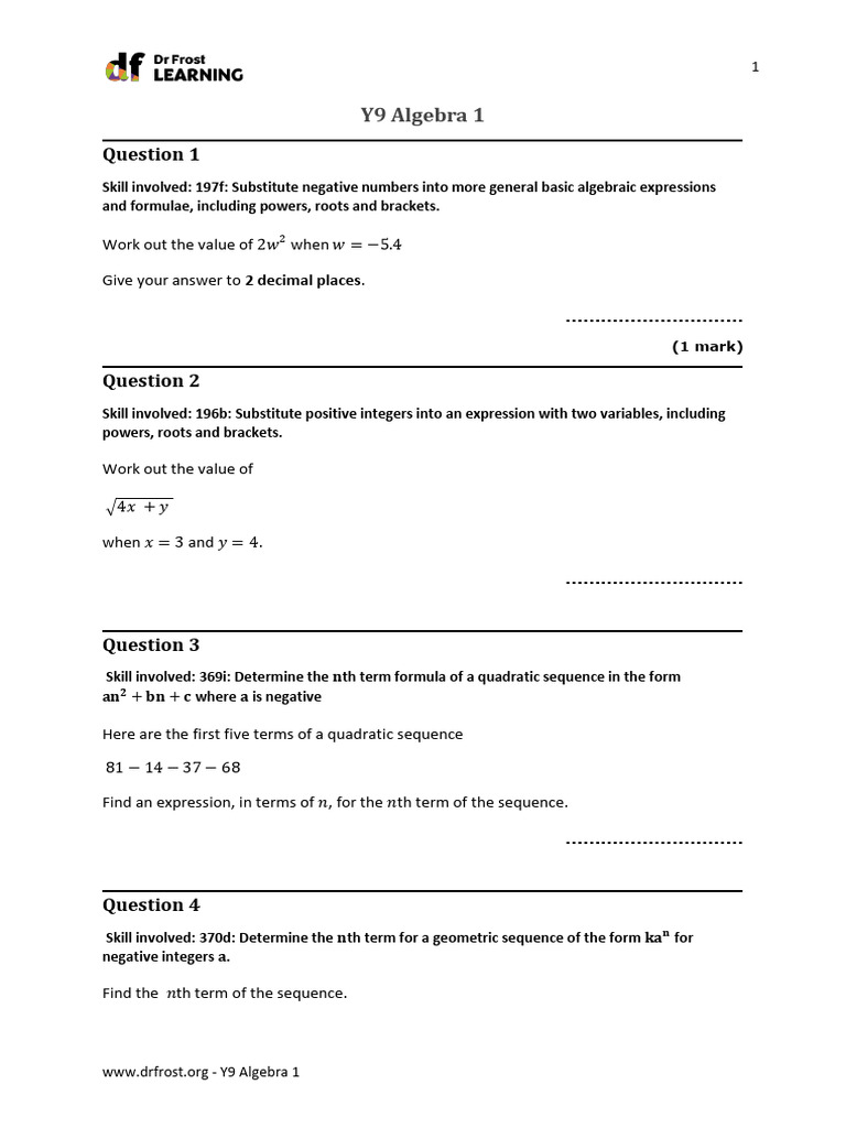 Y9 Algebra 1 Exam Revision | PDF | Factorization | Equations