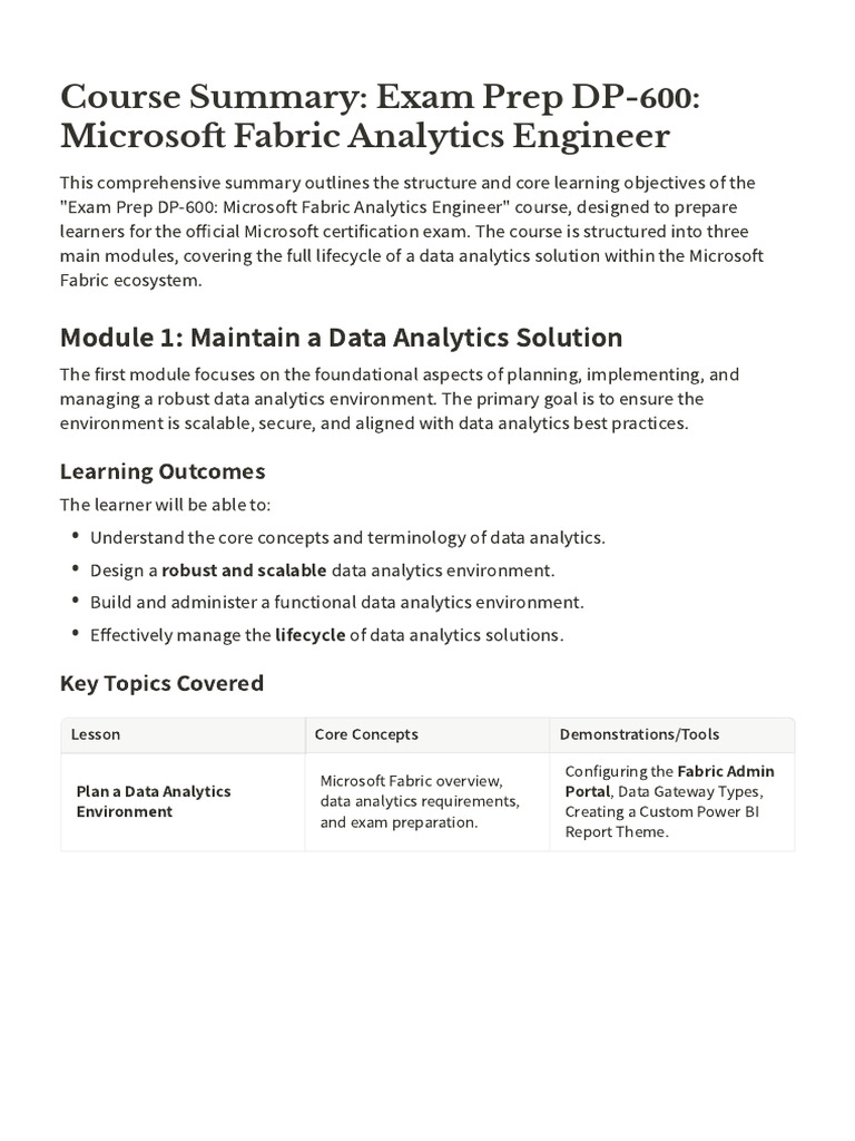Course Summary Exam Prep DP-600 Microsoft Fabric | PDF | Analytics ...