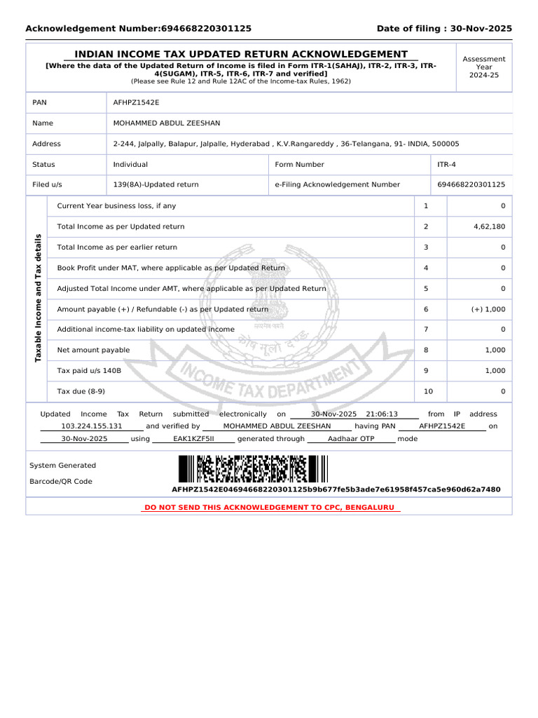 Updated Income Tax Return Acknowledgement | PDF | Income Tax | Taxes