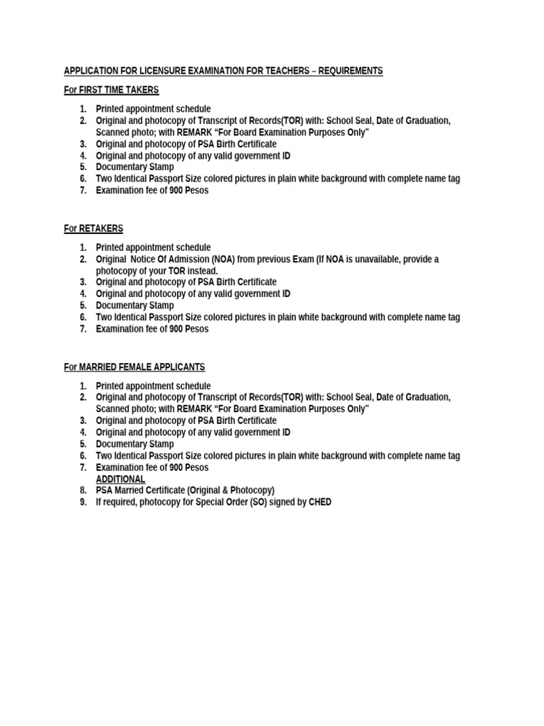 Requirement for Application for Licensure Examination for Teachers | PDF