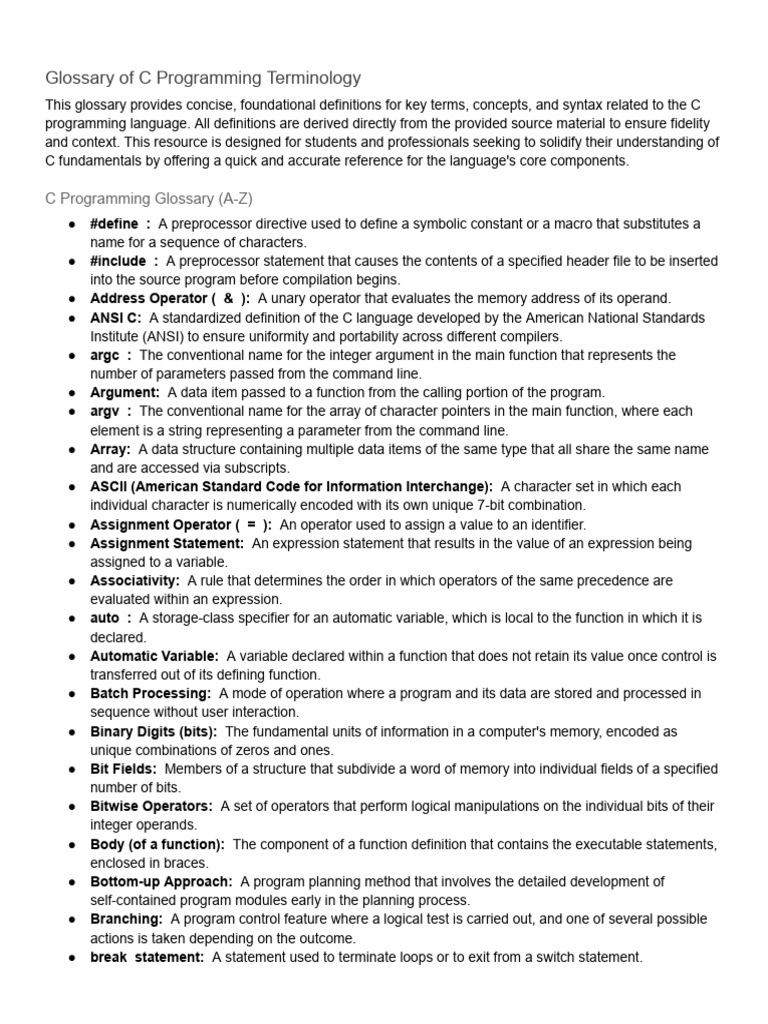 C Programming Terminology Glossary | PDF | Programming | Computer Program