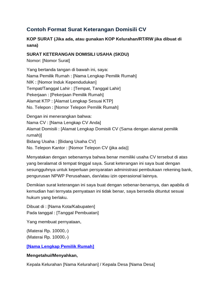 Format Surat Keterangan Domisili CV | PDF