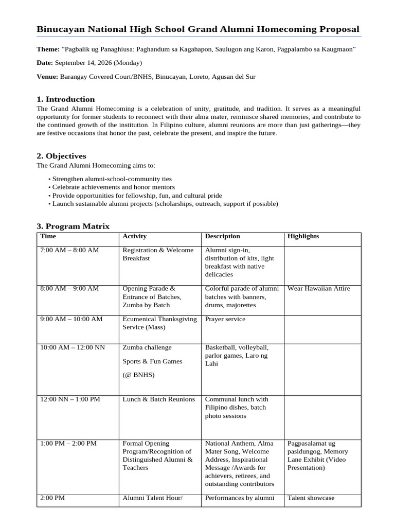 Binucayan National High School Grand Alumni Homecoming Proposal | PDF