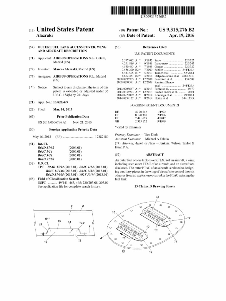 US9315276 Outer Fuel Tank Access Cover, Wing and Aircraft Description ...