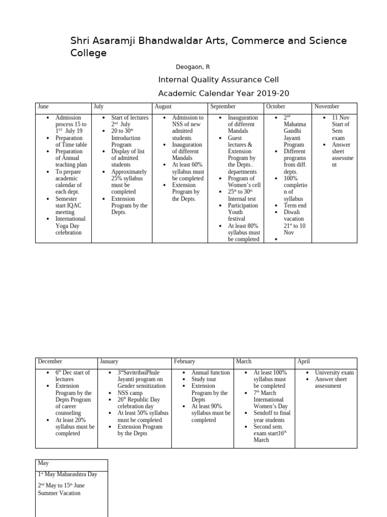 Academic Calender 2019-20 | PDF | Educational Institutions | Schools
