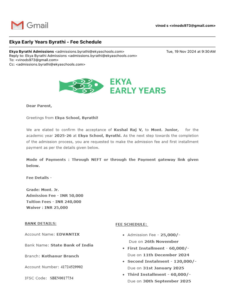 Ekya Byrathi Admission Fee Schedule | PDF | Payments | Services (Economics)