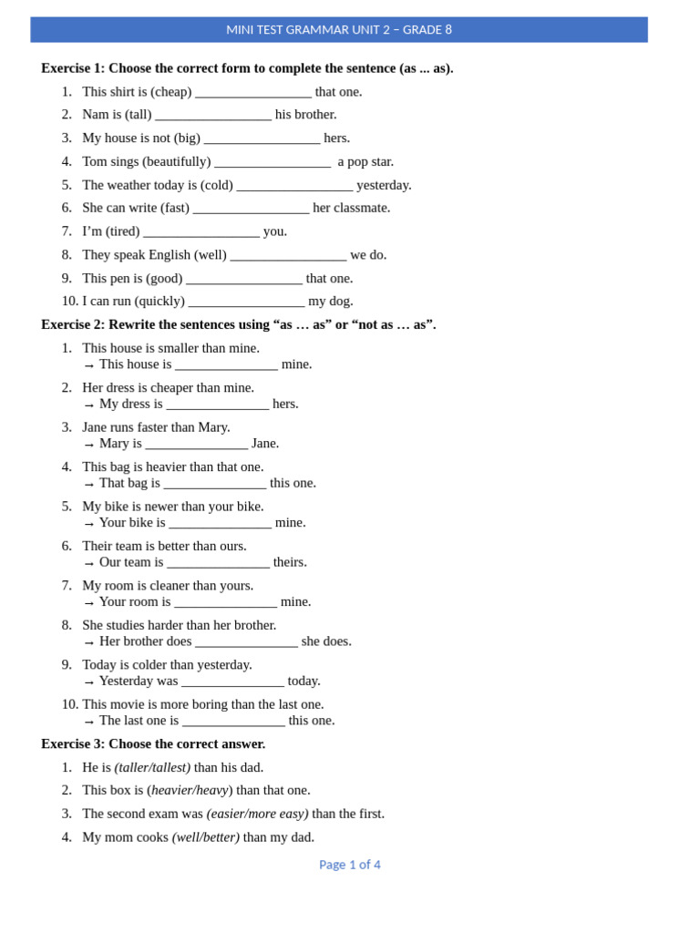 Grammar Mini Test: Comparatives & Superlatives | PDF | Chess Openings ...