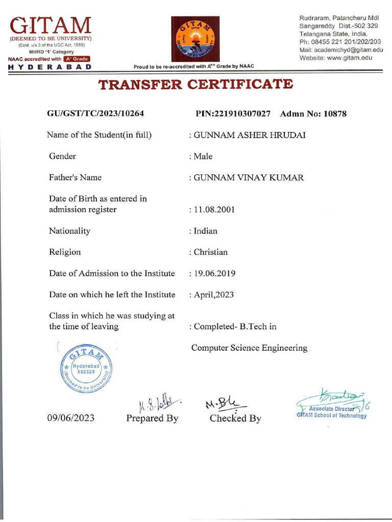 2023.06.09 Transfer Certificate GITAM ASHER BTech | PDF