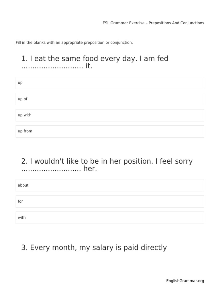 ESL Grammar Exercise – Prepositions and Conjunctions | PDF | Chess ...