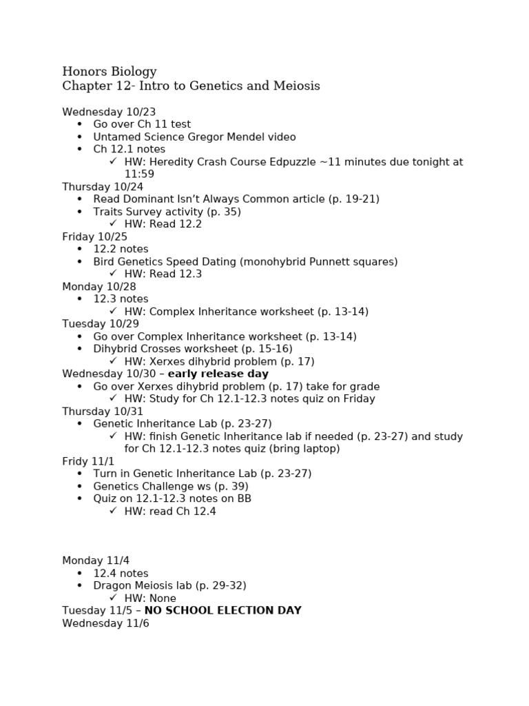 Hon Bio Chapter 12 Lesson Plan 2425 | PDF
