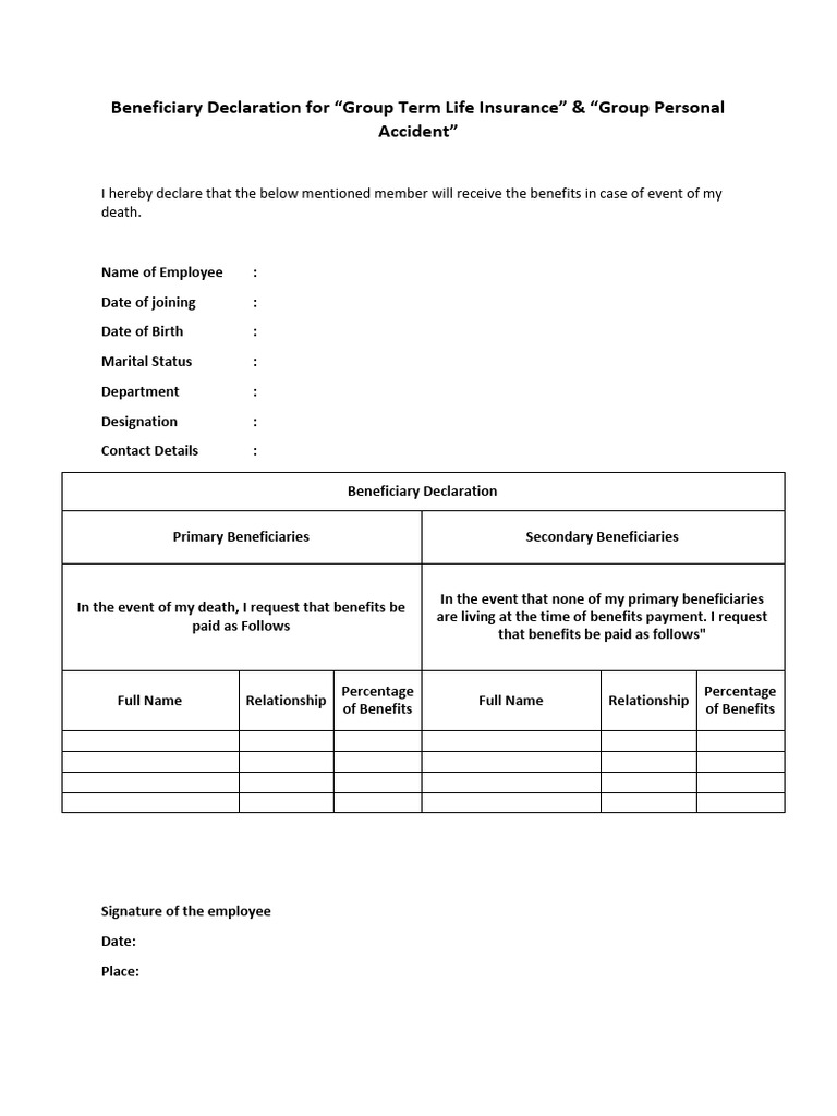 Group Life Insurance Beneficiary Form | PDF
