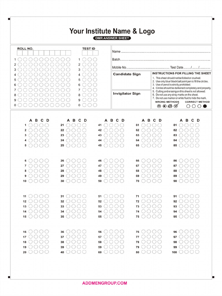 100 Questions OMR Sheet | PDF