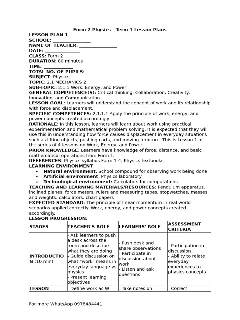 Form 2 Physics - Term 1 Lesson Plans | PDF | Learning | Force
