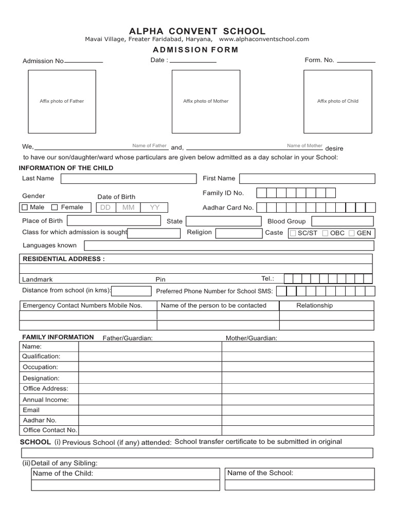 Admission Form for Alpha Convent School | PDF | Justice | Crime & Violence