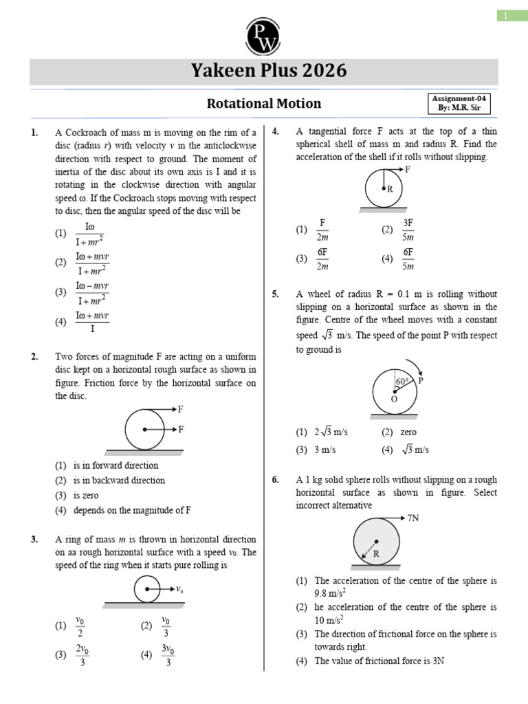 Rotational Motion Assignment 04 | PDF | Force | Friction
