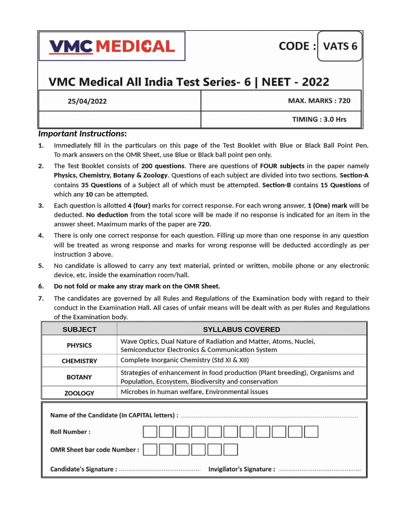 (VATS-06) VMC Medical All India Test Series Test-06 (25!04!2022 ...