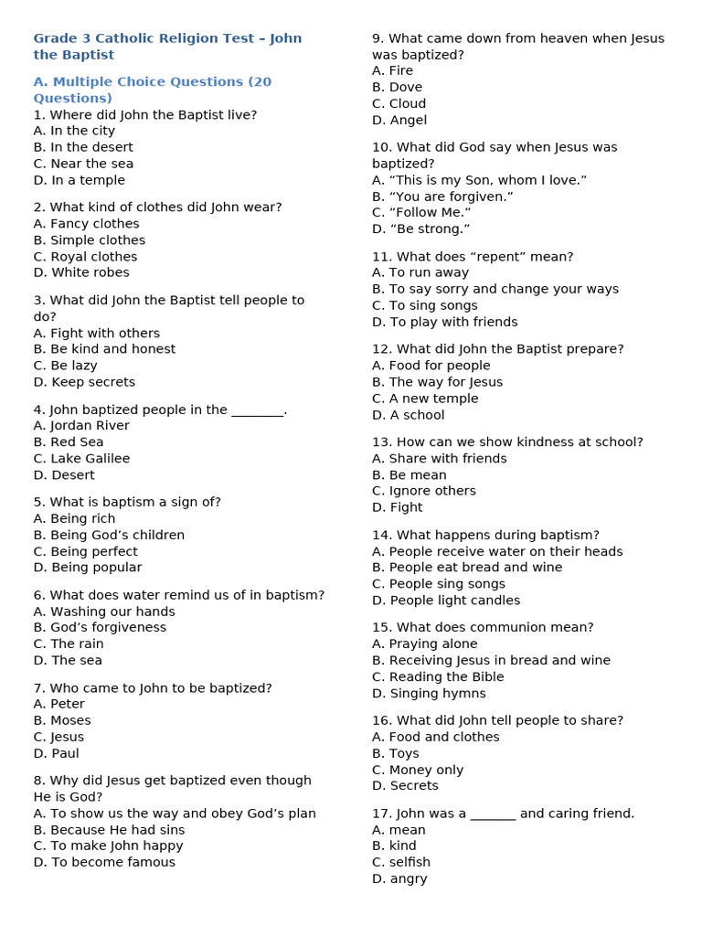 Grade 3 Test on John the Baptist | PDF | Baptism | Jesus