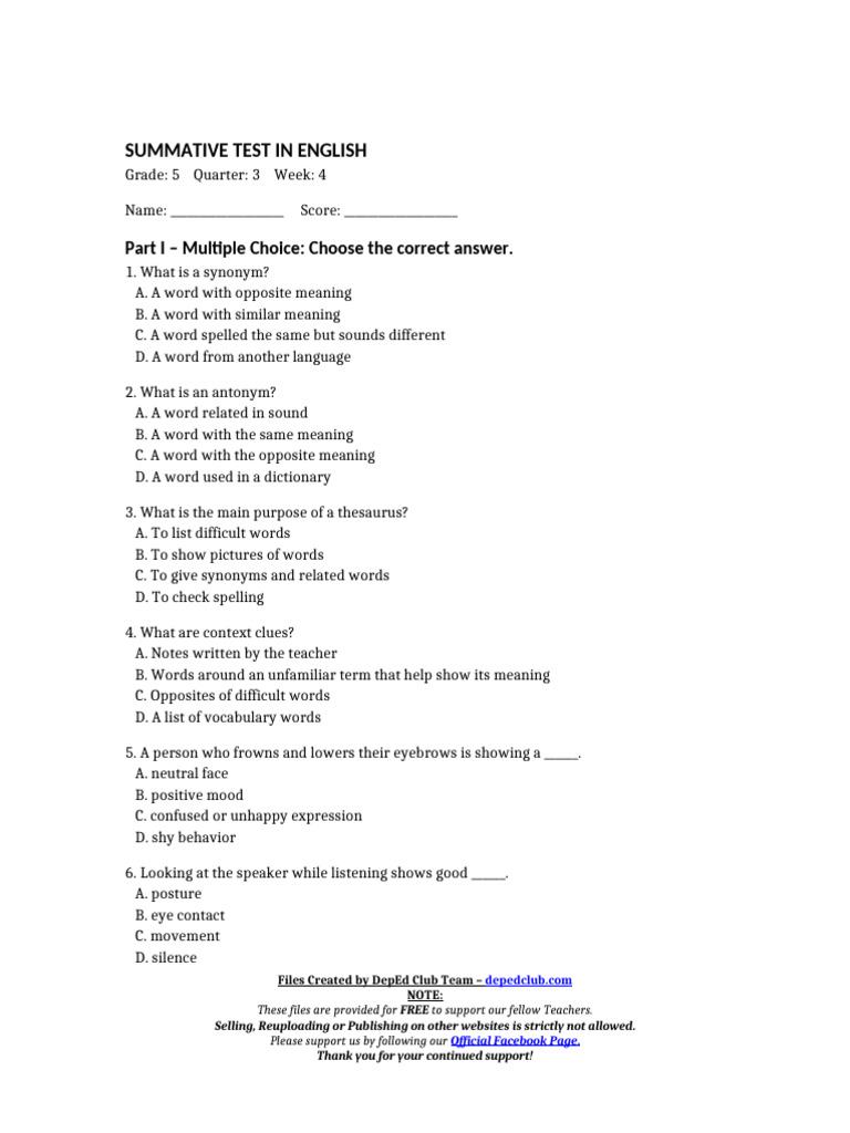 Grade 5 English Summative Test | PDF | Nonverbal Communication ...