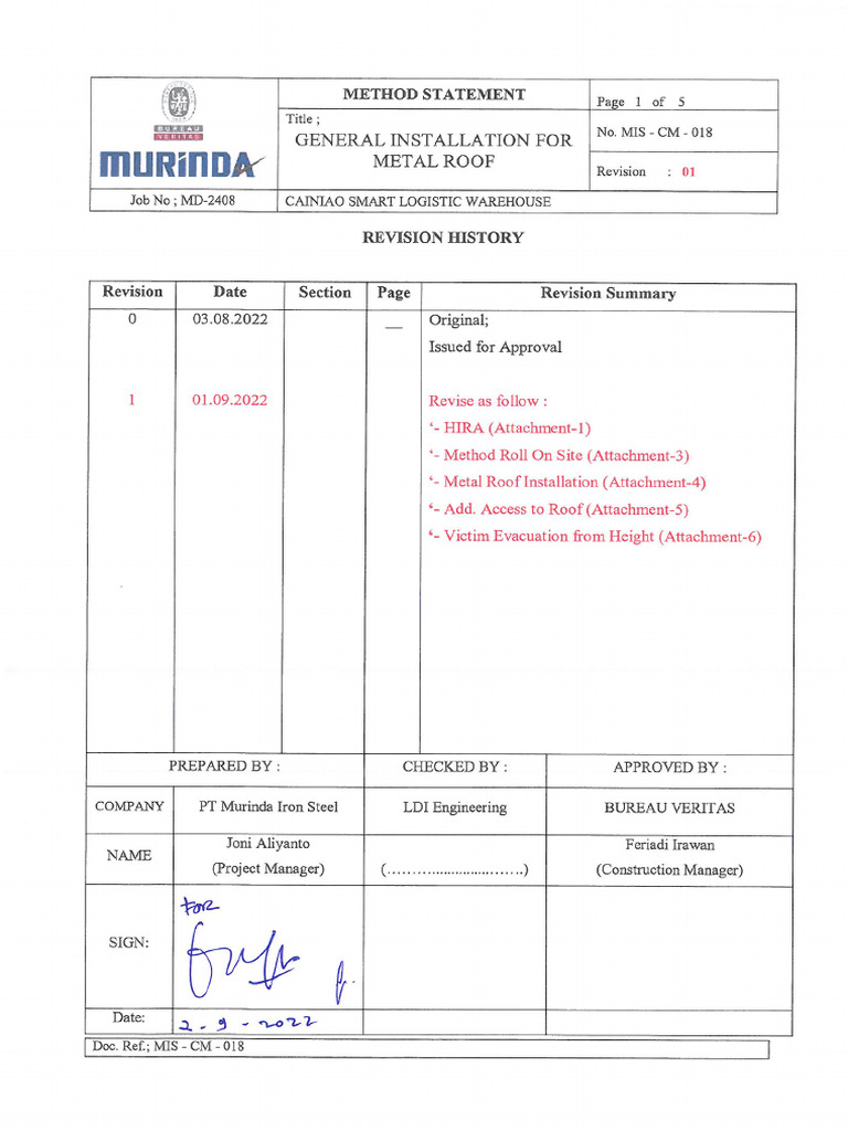 Appendix 1.0 Method Statement of General Installation for Metal Roof R1 ...